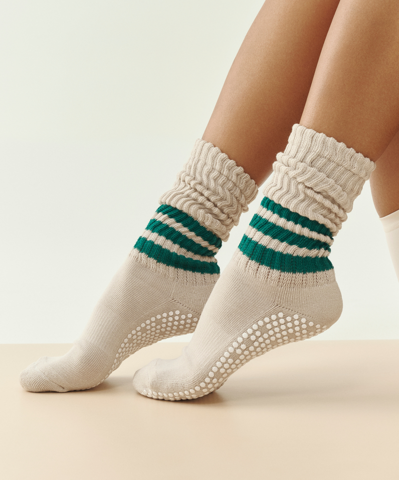 Scrunch Non Slip Grip Socks | Oat Emerald Stripe Slouch | MoveActive